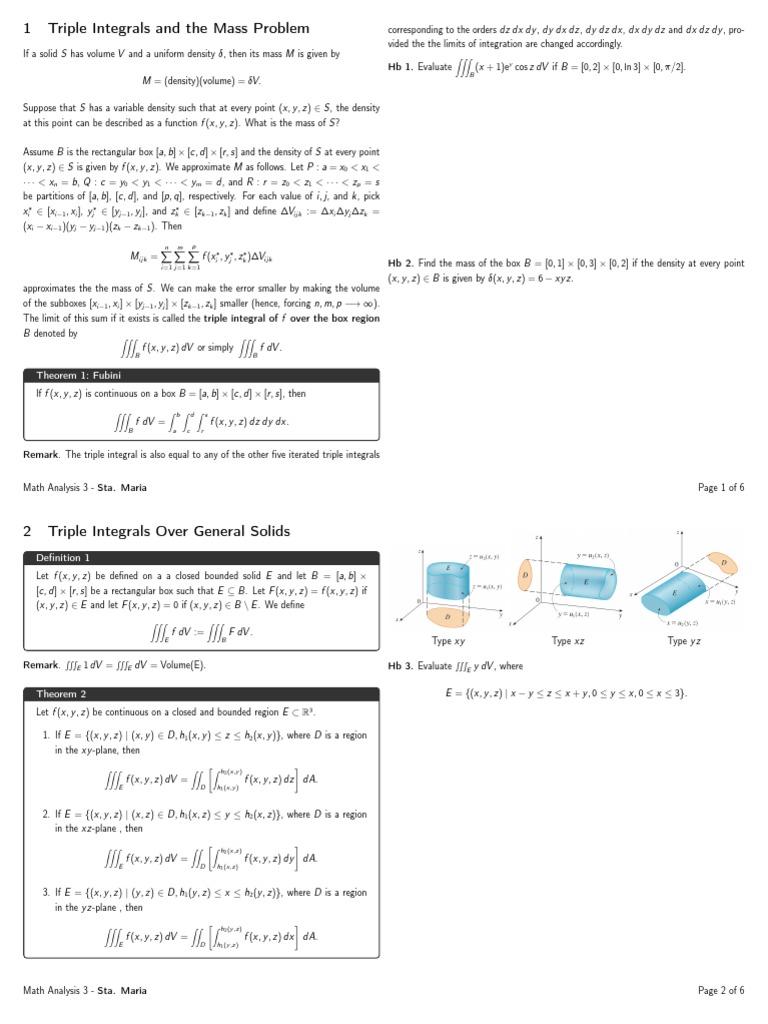 1 Triple Integrals and The Mass Problem: M (Density) (Volume) V | PDF ...