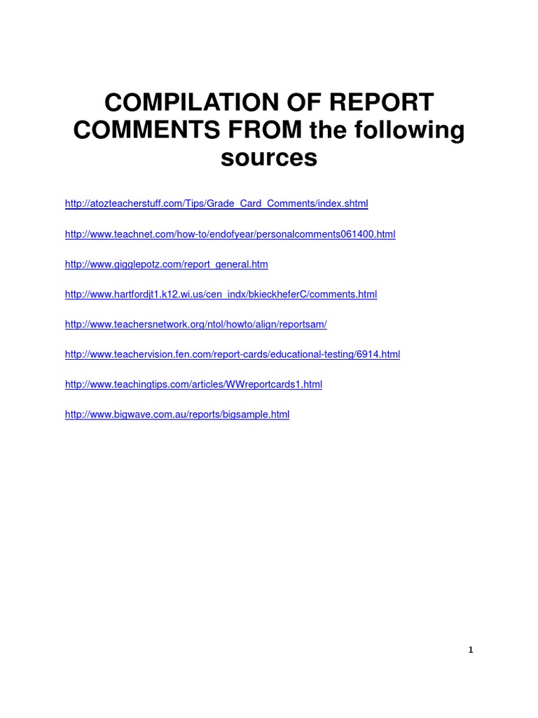Microsoft Word - Report Card Comments Bank | PDF | Homework | Emotions