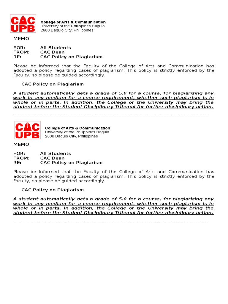 Memo For: All Students From: CAC Dean RE: CAC Policy On Plagiarism ...