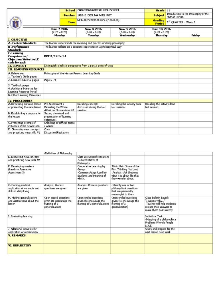 Intro To Philo of Man Lesson Plan Week One | PDF | Learning | Education Theory