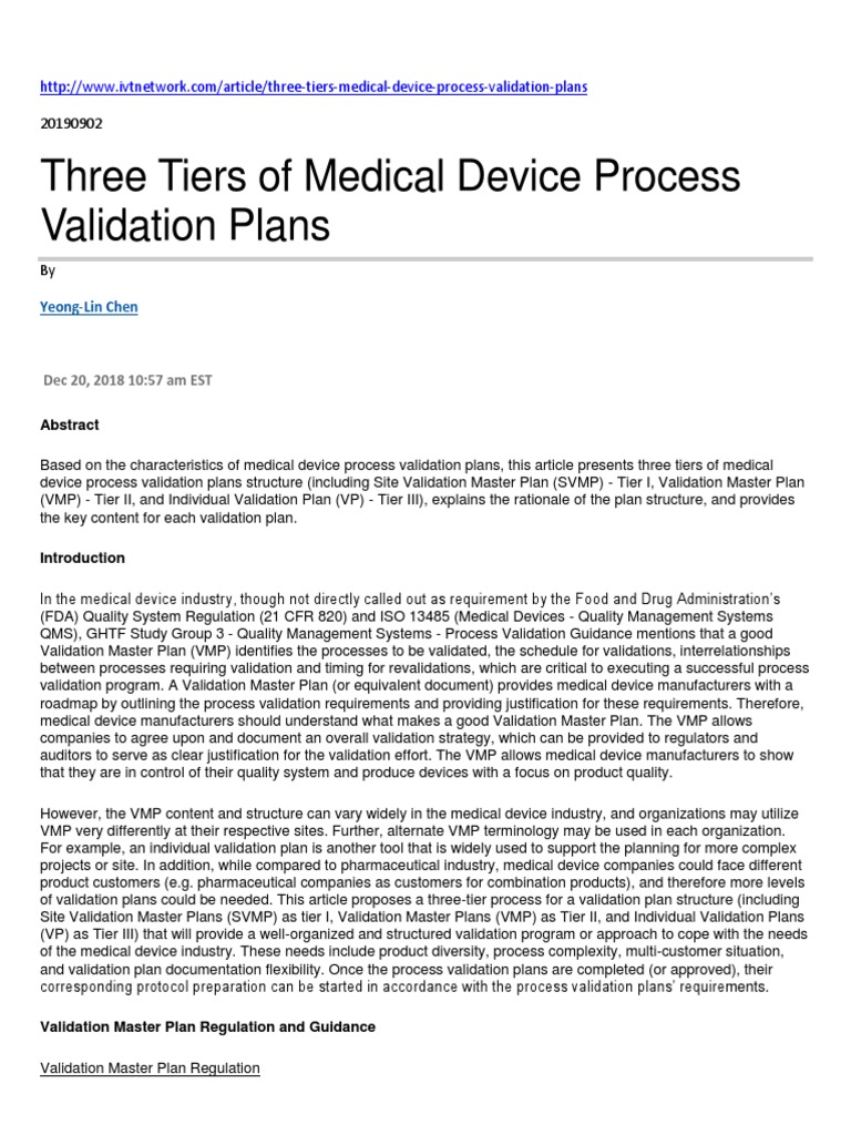 Three Tiers of Medical Device Process Validation Plans: Yeong-Lin Chen ...