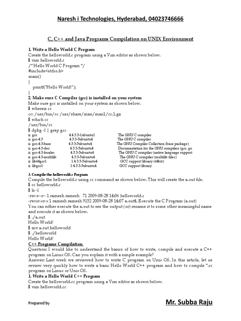 Naresh I Technologies, Hyderabad, 04023746666: C, C++ and Java Programs Compilation On UNIX ...