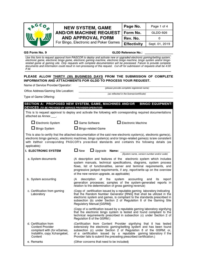 GS Form No. 9 - New System, Game And-Or Machine Request and Approval ...