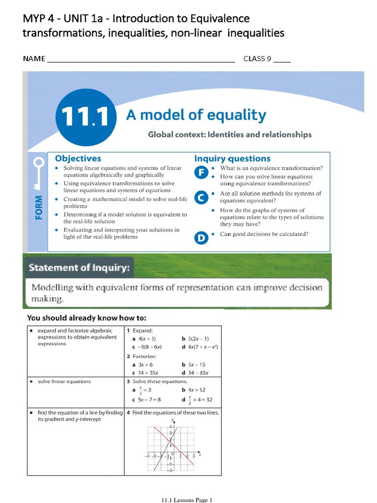 MYP 4 Mathematics - Unit 1a - 11.1 (Not Complete) | PDF | System Of ...