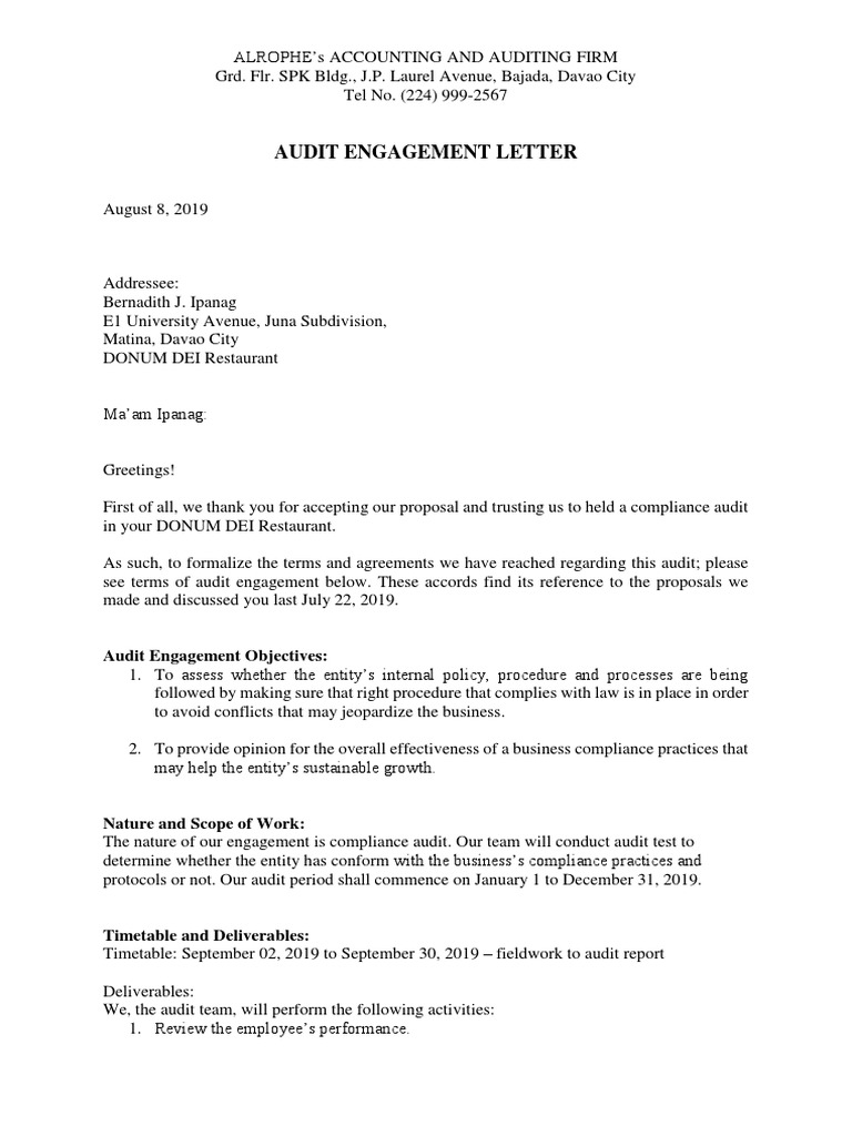 Compliance Audit Engagement Letter | PDF | Internal Control | Audit