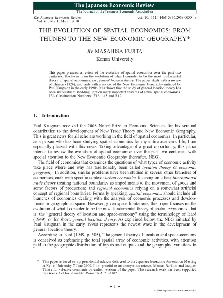 The Evolution of Spatial Economics Fujita 2010 | PDF | Economics ...