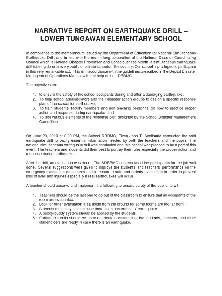 Earthquake Drill Report: Lower Tungawan School | PDF | Emergency ...