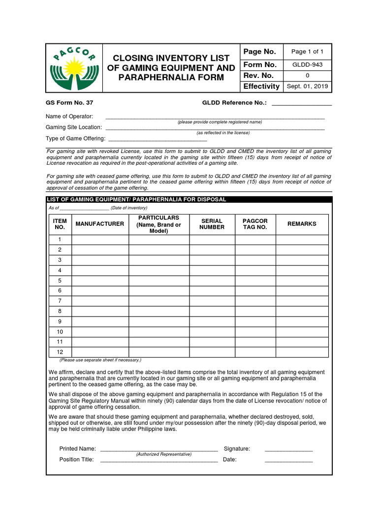 GS Form No. 37 - Inventory List of Gaming Equipment Form | PDF ...