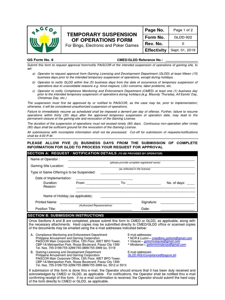 GS Form No. 6 - Temporary Suspension of Operations Form | PDF | Social ...