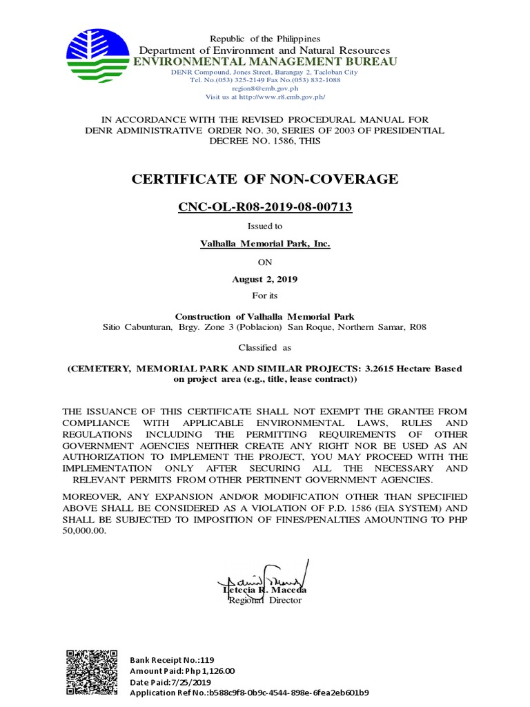 Certificate of Non-Coverage: CNC-OL-R08-2019-08-00713 | PDF