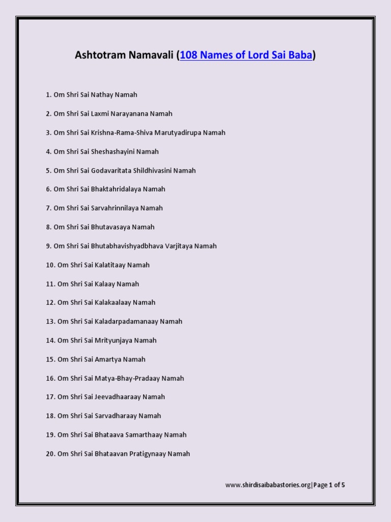 Ashtotram Namavali : 108 Names of Lord Sai Baba | PDF