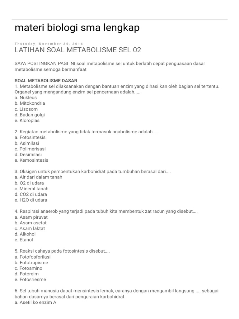 Materi Biologi Sma Lengkap - Latihan Soal Metabolisme Sel 02 | PDF