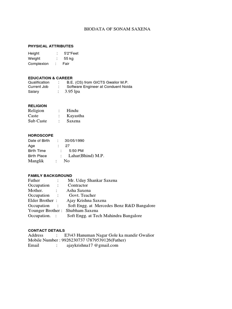 Biodata of Sonam Saxena | PDF