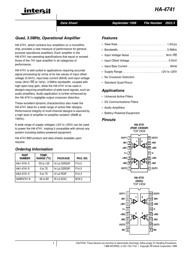 Quad, 3.5Mhz, Operational Amplifier Features: Data Sheet September 1998 ...