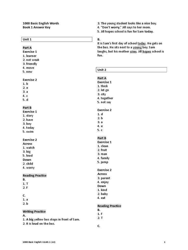 Basic English Words 1 Answer Key | PDF | Tea