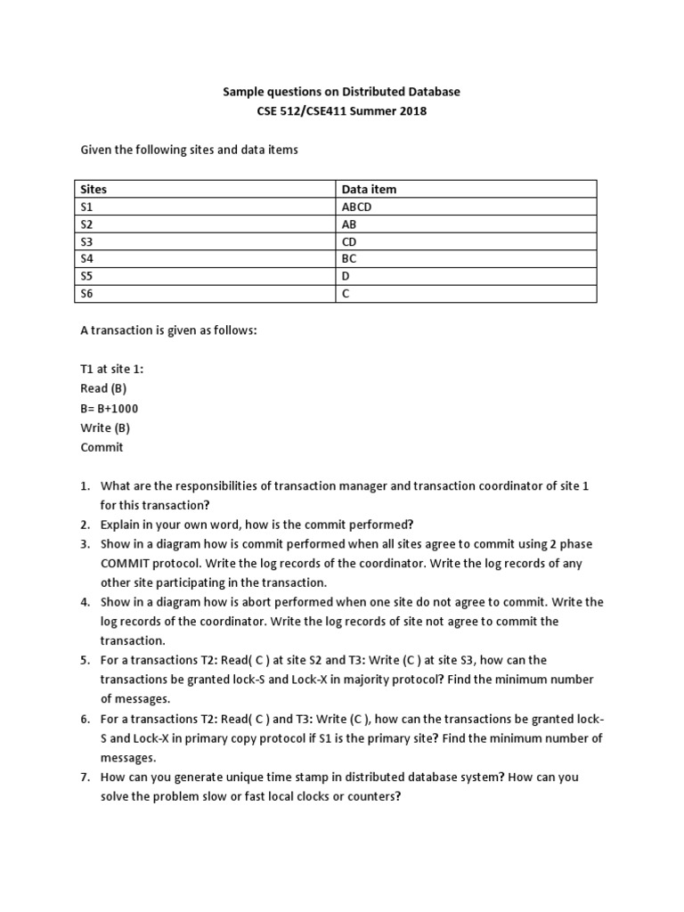 Sample Questions On Distributed Database-1 | PDF | Database Transaction | Databases