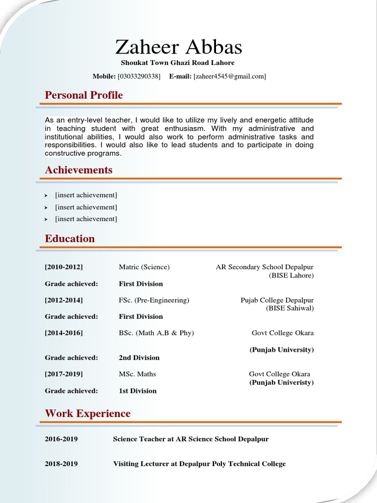 Entry-Level Teacher Profile and Resume | PDF