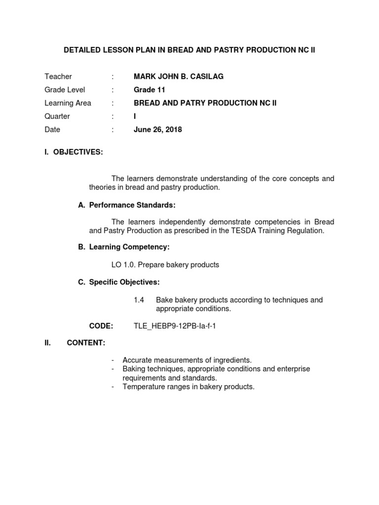 Detailed Lesson Plan in Bread and Pastry Production NC Ii | PDF ...