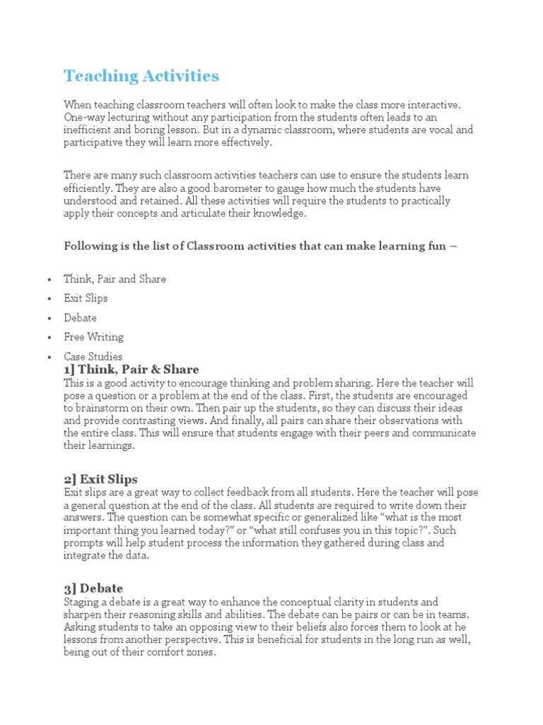 Teaching Activities: Following Is The List of Classroom Activities That ...