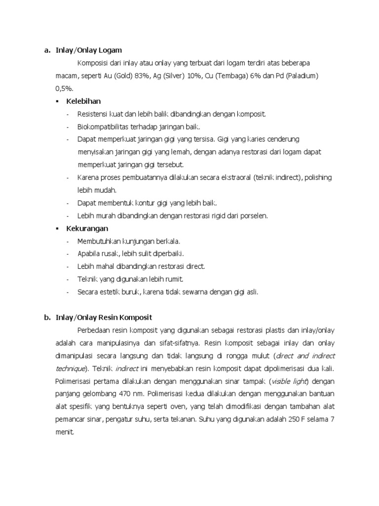 Jenis dan Perbandingan Inlay/Onlay Gigi | PDF | Teknologi & Rekayasa