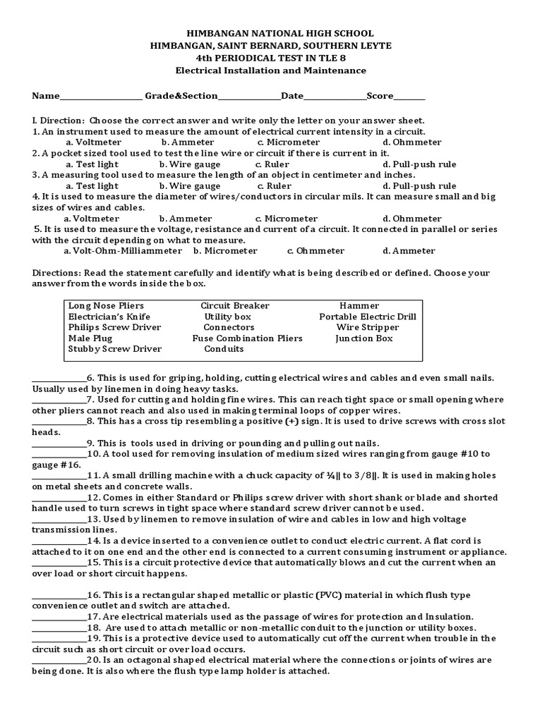 PERIODICAL TEST-ELECTRICAL.docx | Insulator (Electricity) | Wire