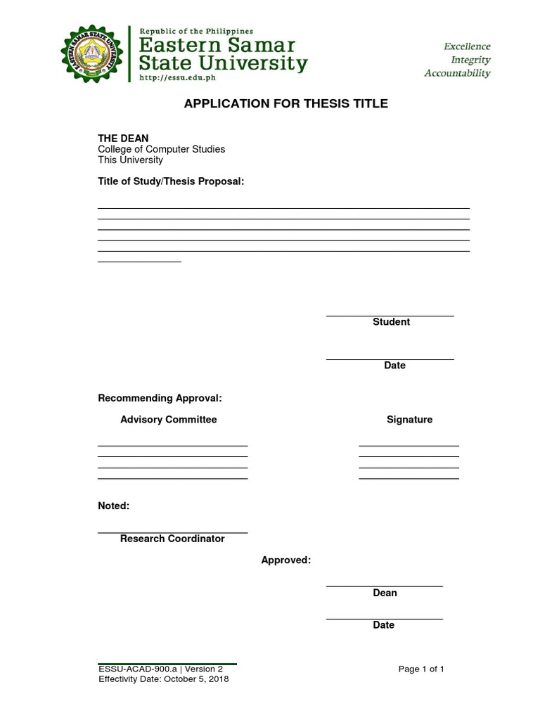 Application For Thesis Title: College of Computer Studies This ...
