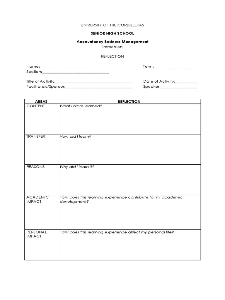 Senior High School Reflection Template | PDF | Career & Growth