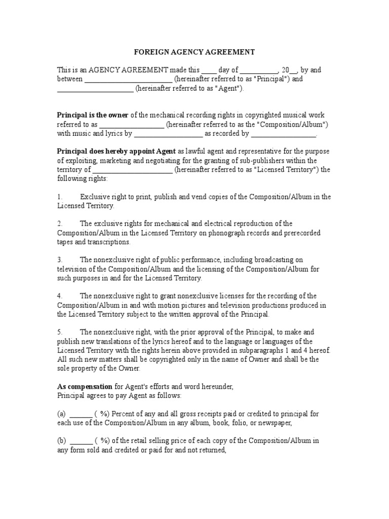 Foreign Agency Agreement | PDF | License | Musical Compositions