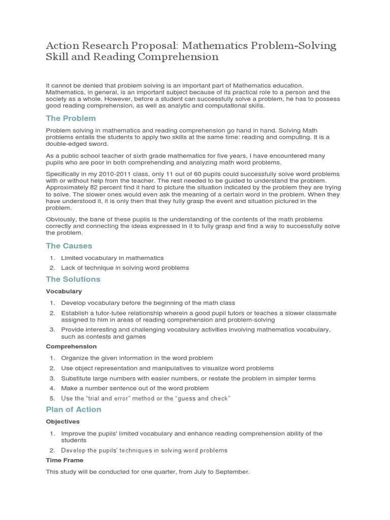 Action Research Proposal: Mathematics Problem-Solving Skill and Reading Comprehension | PDF ...
