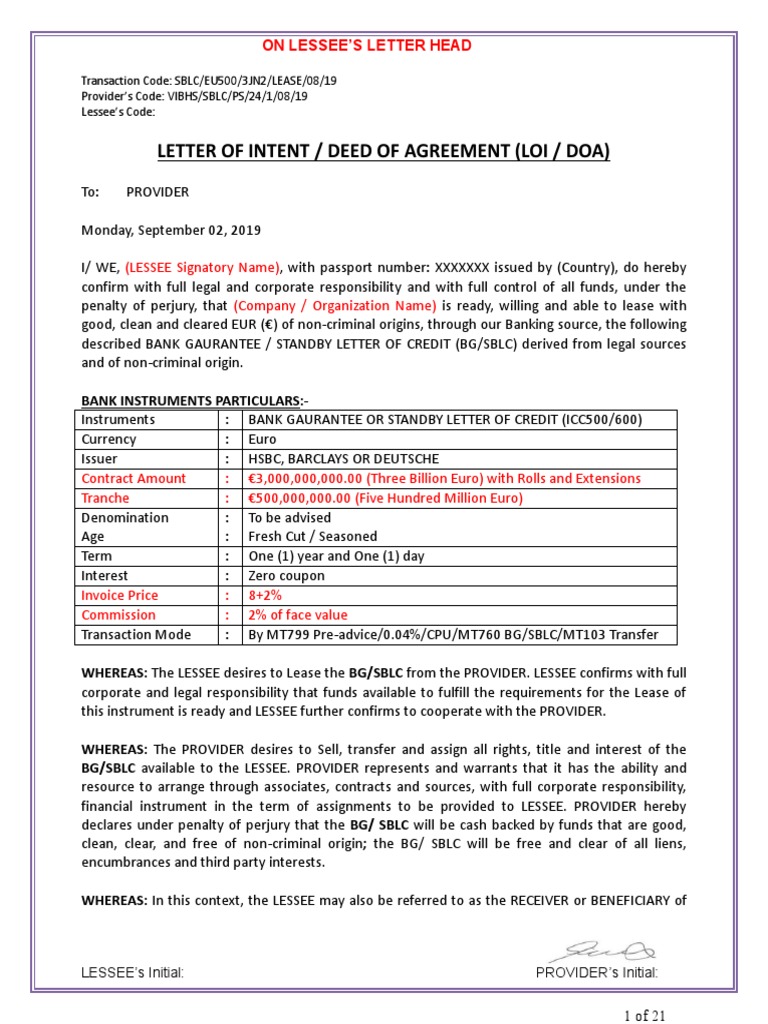 BG SBLC Lease Agreement at 8+2% With Prepayment | PDF | Letter Of ...