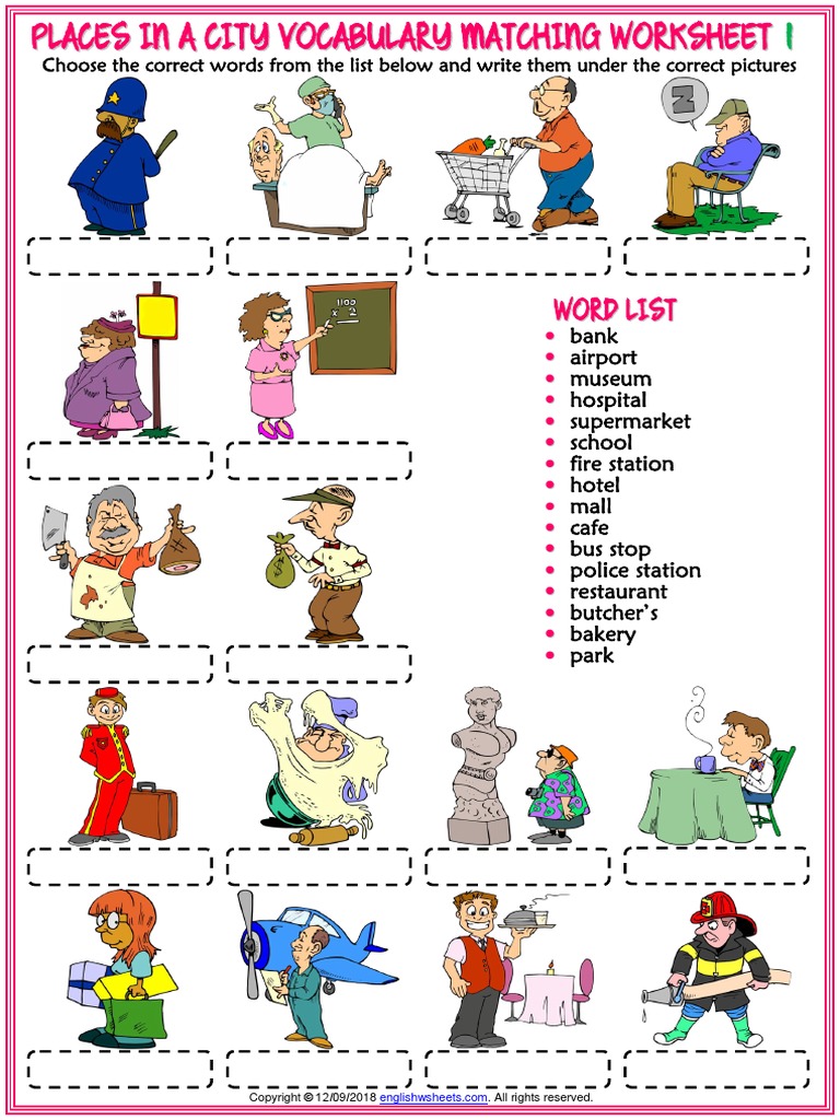 Places in A City Vocabulary Esl Matching Exercise Worksheets For Kids ...