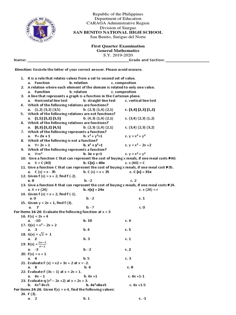 Gen. Math 1st Quarter Exam | PDF | Function (Mathematics ...