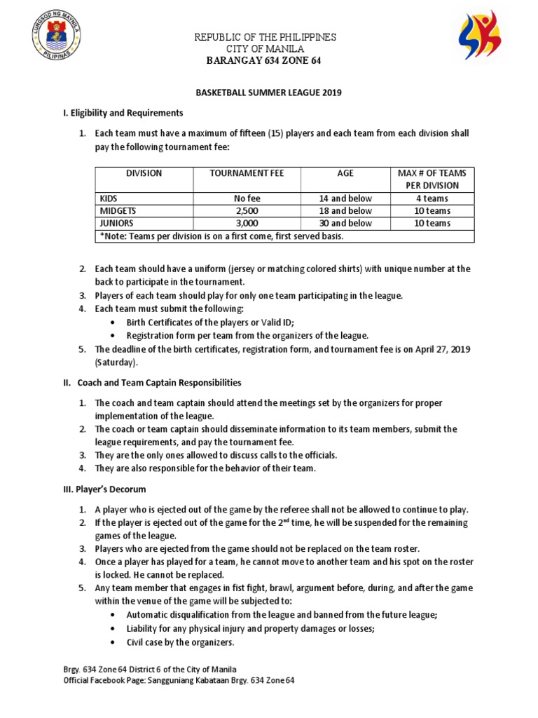 Basketball Summer League Mechanics Brgy. 634 | PDF | Sports Rules And ...