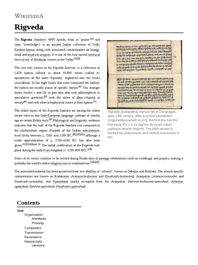 Rigveda: Veda "Knowledge") Is An Ancient Indian Collection of Vedic ...