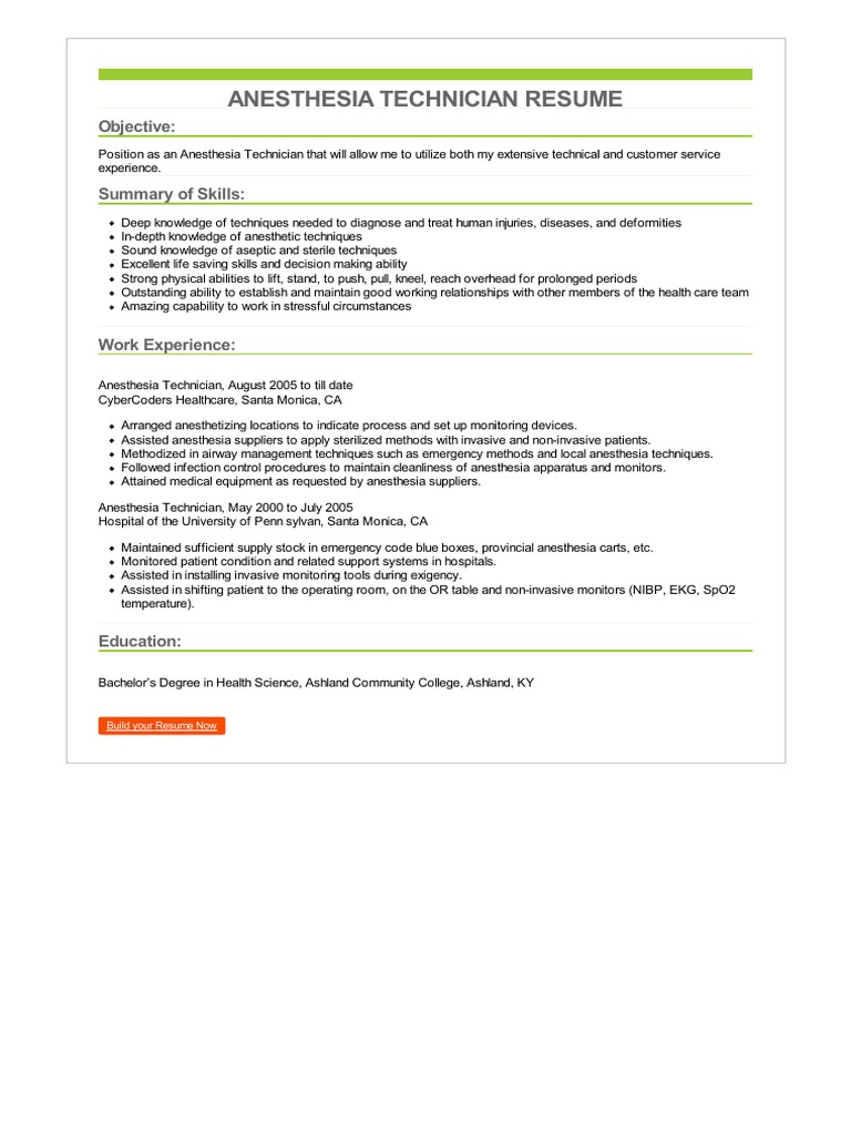 Anesthesia Technician Resume | PDF