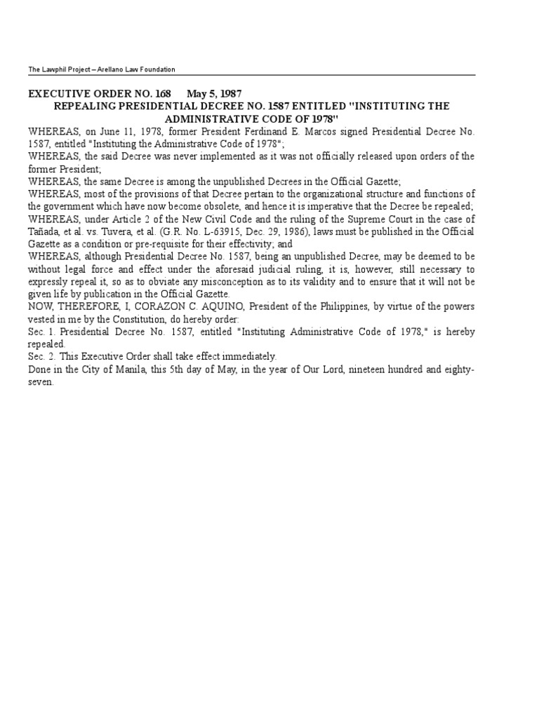 Executive Order No. 168 May 5, 1987 Repealing Presidential Decree No ...