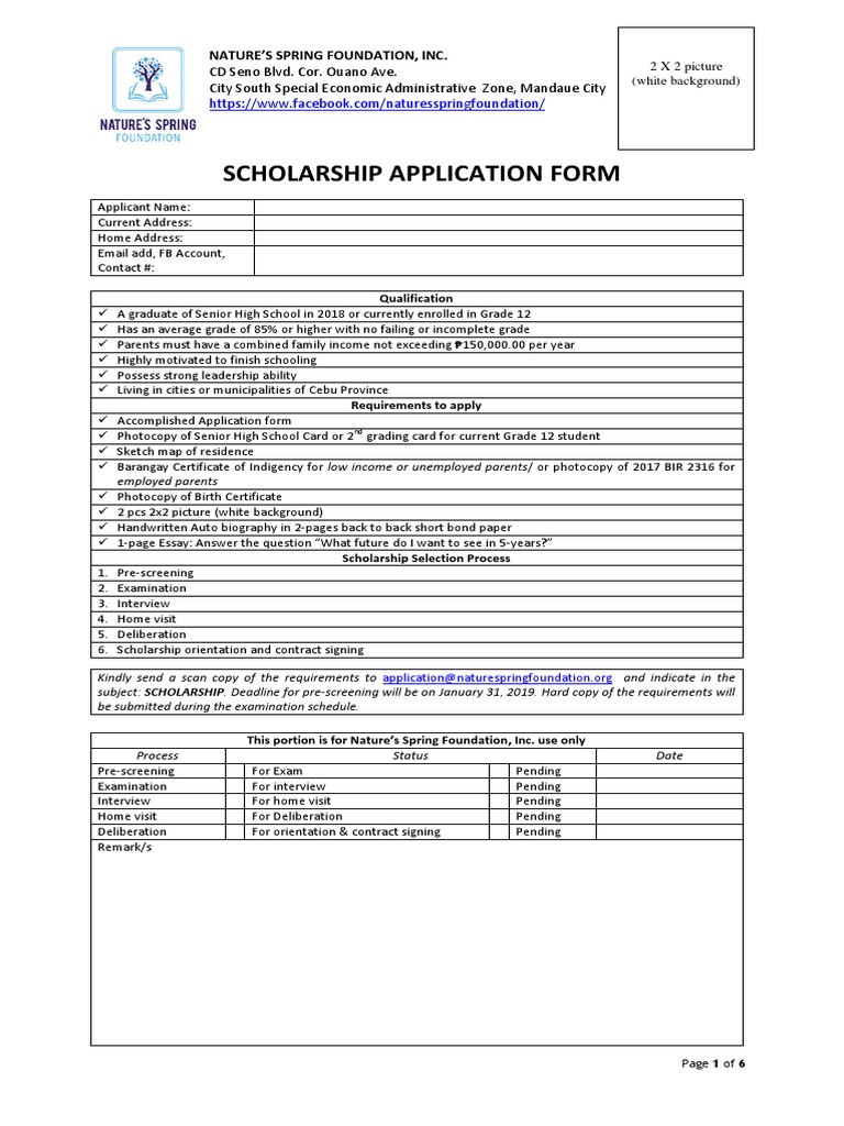 2019 NSFI Scholarship Application Form SHS | Download Free PDF ...