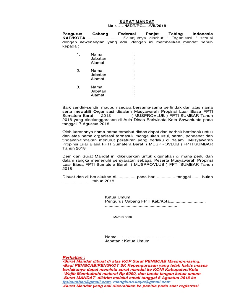 Contoh Surat Mandat MUSPROVLUB FPTI 2018 | PDF