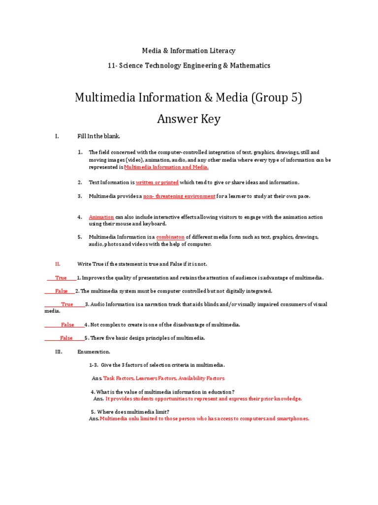 Multimedia Information & Media (Group 5) Answer Key | PDF | Social Science