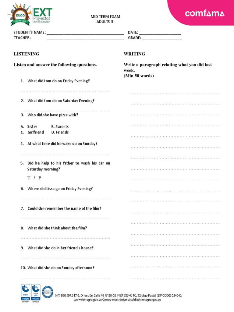 Listening Listen and Answer The Following Questions. Writing Write A ...