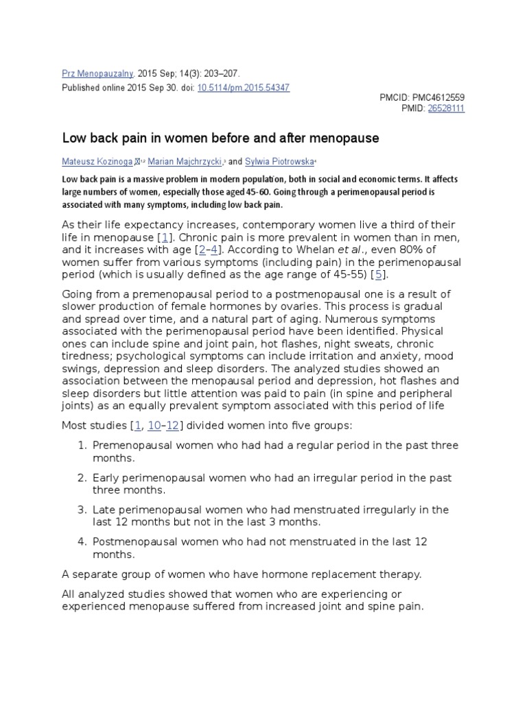 Low back pain in women before and after menopause | PDF | Back Pain ...