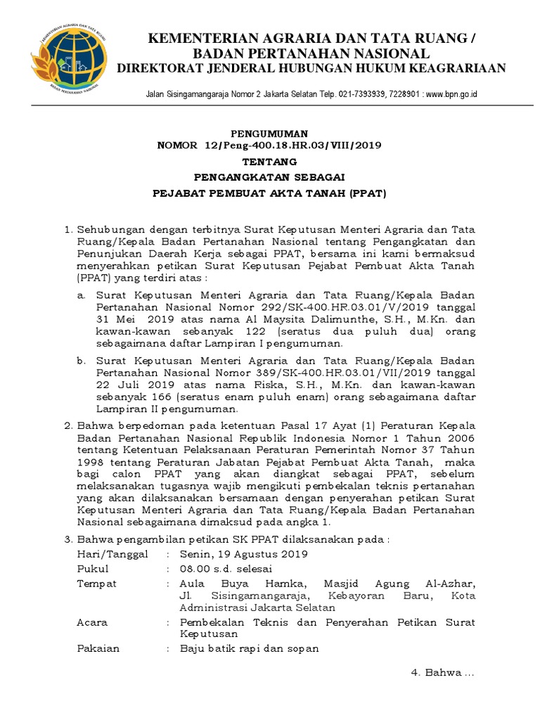 Pengumuman Pembekalan Teknis Dan Penyerahan SK Ppat 2019 | PDF