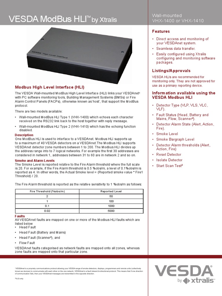 00 VESDA HLI ModBus 1400 1410 A4 TDS Lores PDF | PDF | Trademark ...
