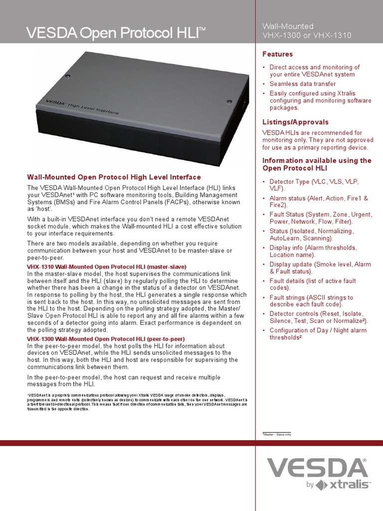 VESDA Open Protocol HLI: Features | PDF | Trademark | Computer Network