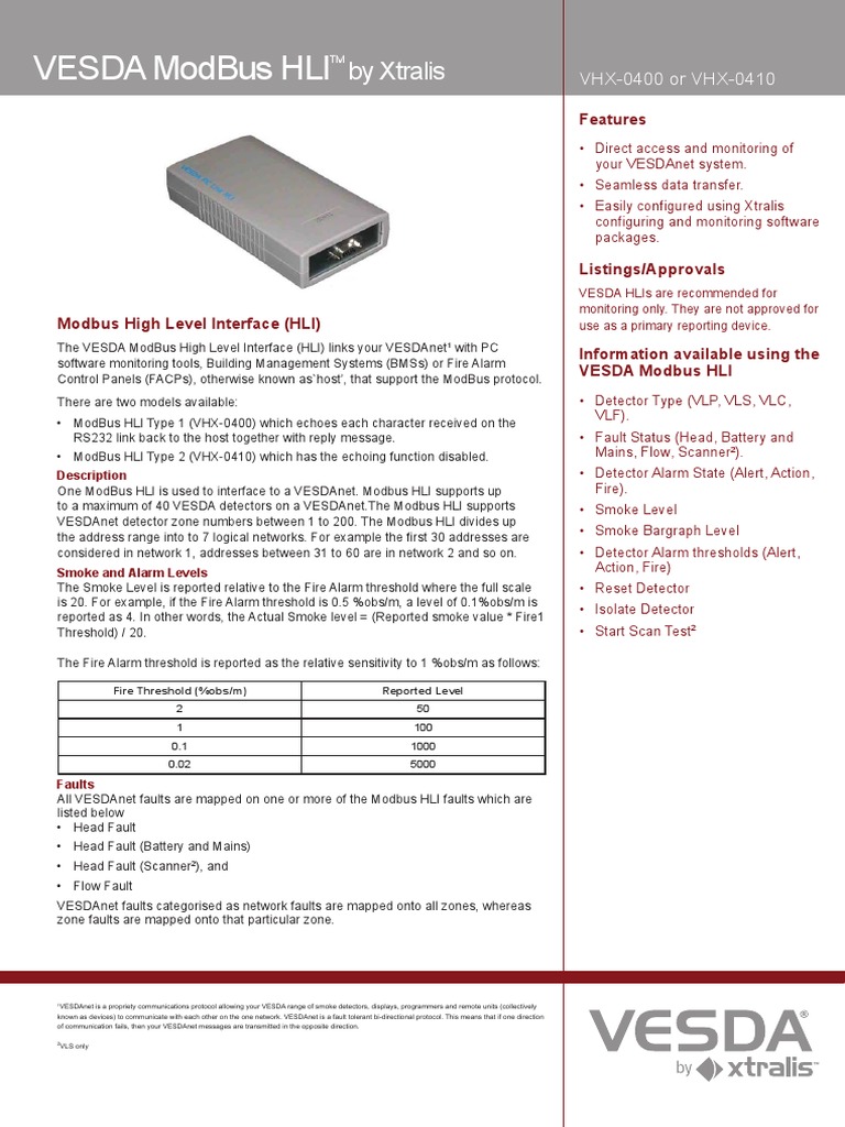 Vesda Modbus Hli: by Xtralis | PDF | Trademark | Computer Network