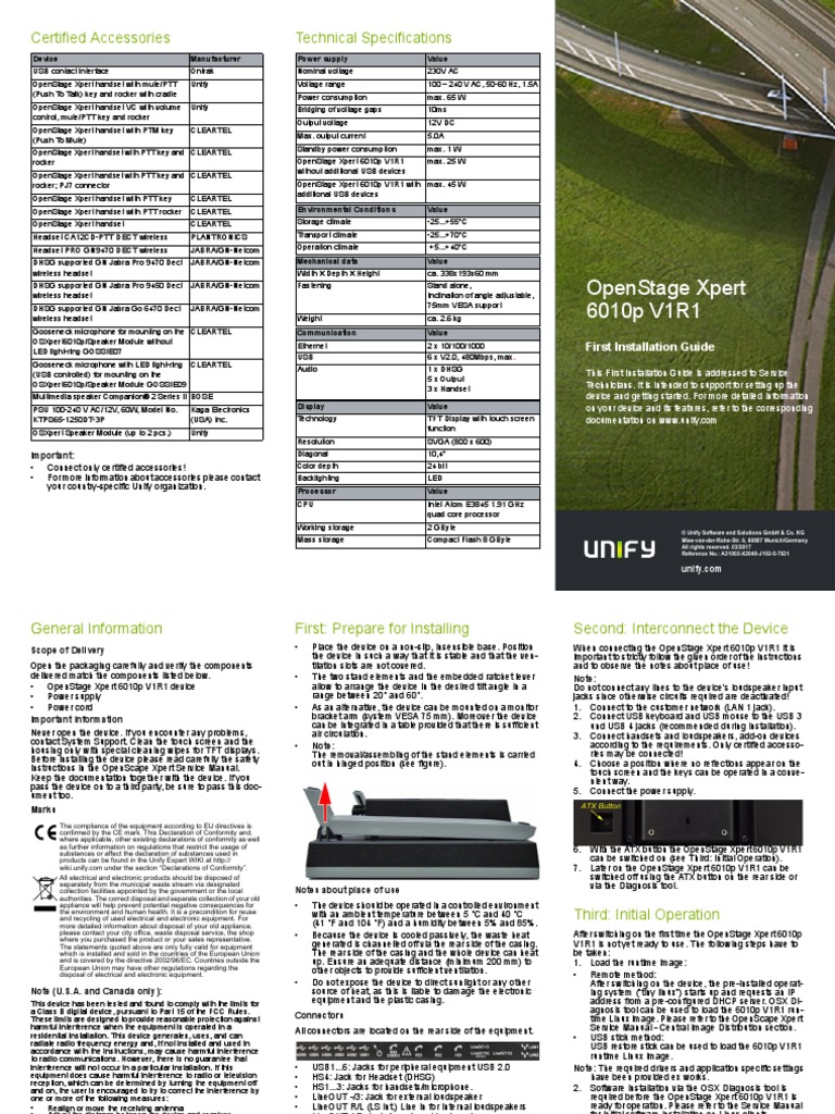 OpenScape Xpert, OpenStage Xpert 6010p, First Installation, Installation Guide, Issue 5 ...