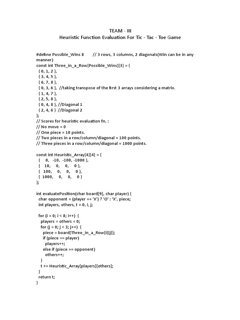 Tic-Tac-Toe Heuristic Evaluation | PDF