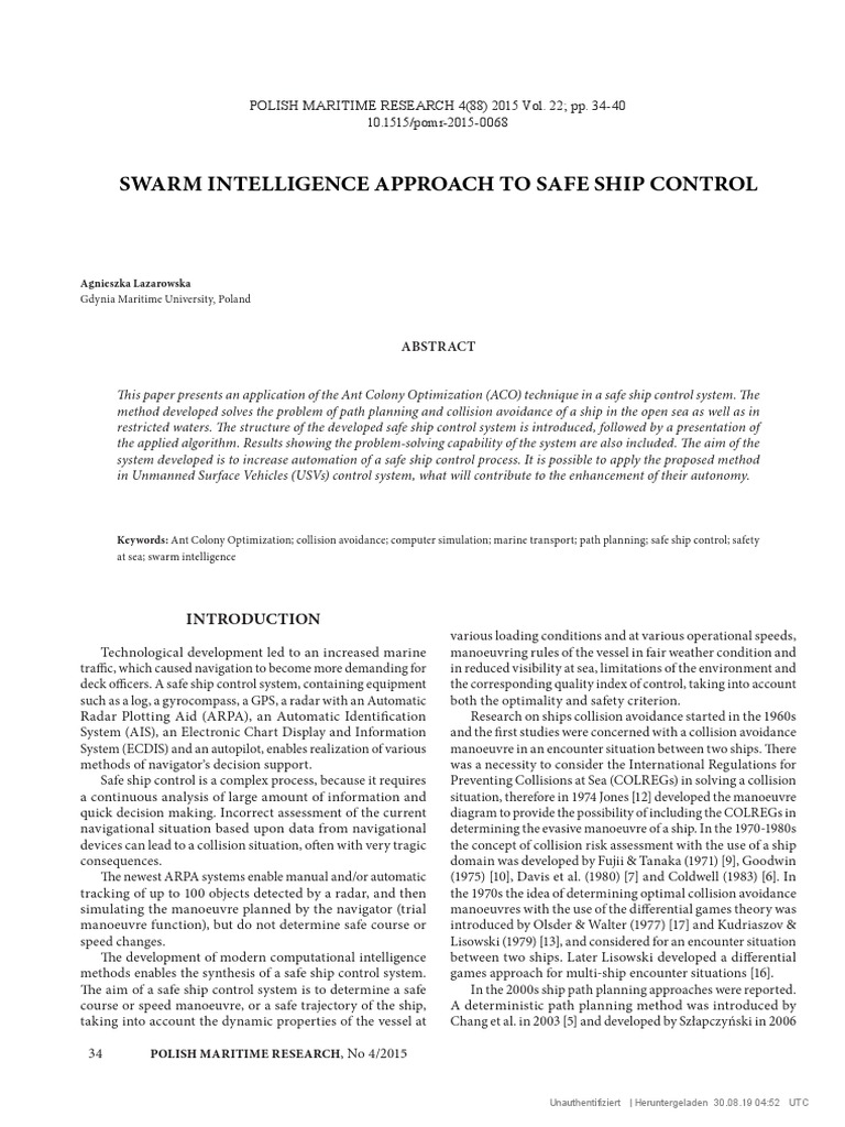 Swarm Intelligence Approach To Safe Ship Control: Agnieszka Lazarowska | PDF | Mathematical ...