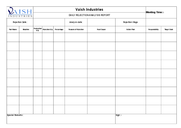 F-01 QA03 Daily Rejection Analysis Report (Pen Clip) | PDF