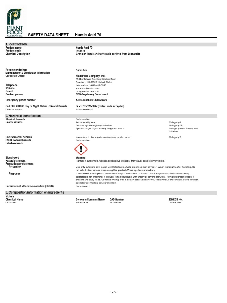 Humic Acid Sds | PDF | Dangerous Goods | Personal Protective Equipment